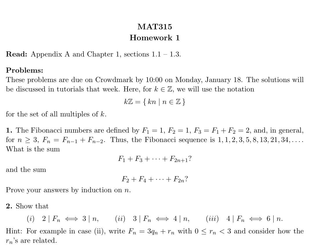 Solved MAT315 Homework 1 Read: Appendix A and Chapter 1, | Chegg.com