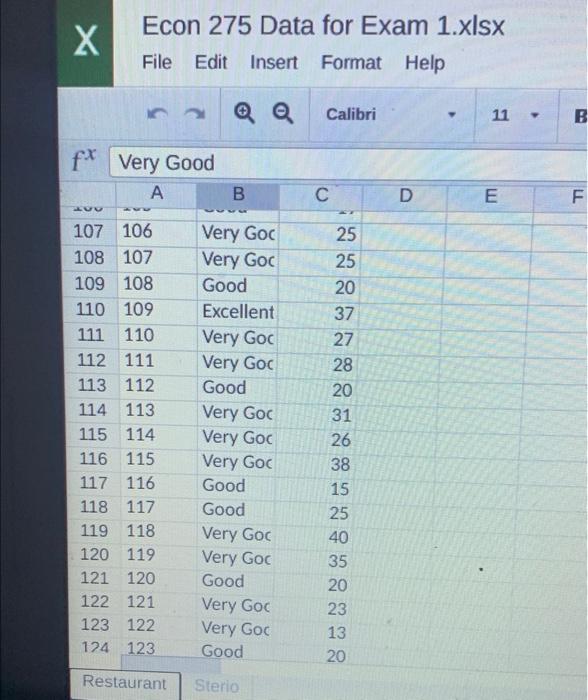 Х Econ 275 Data for Exam 1.xlsx File Edit Insert | Chegg.com