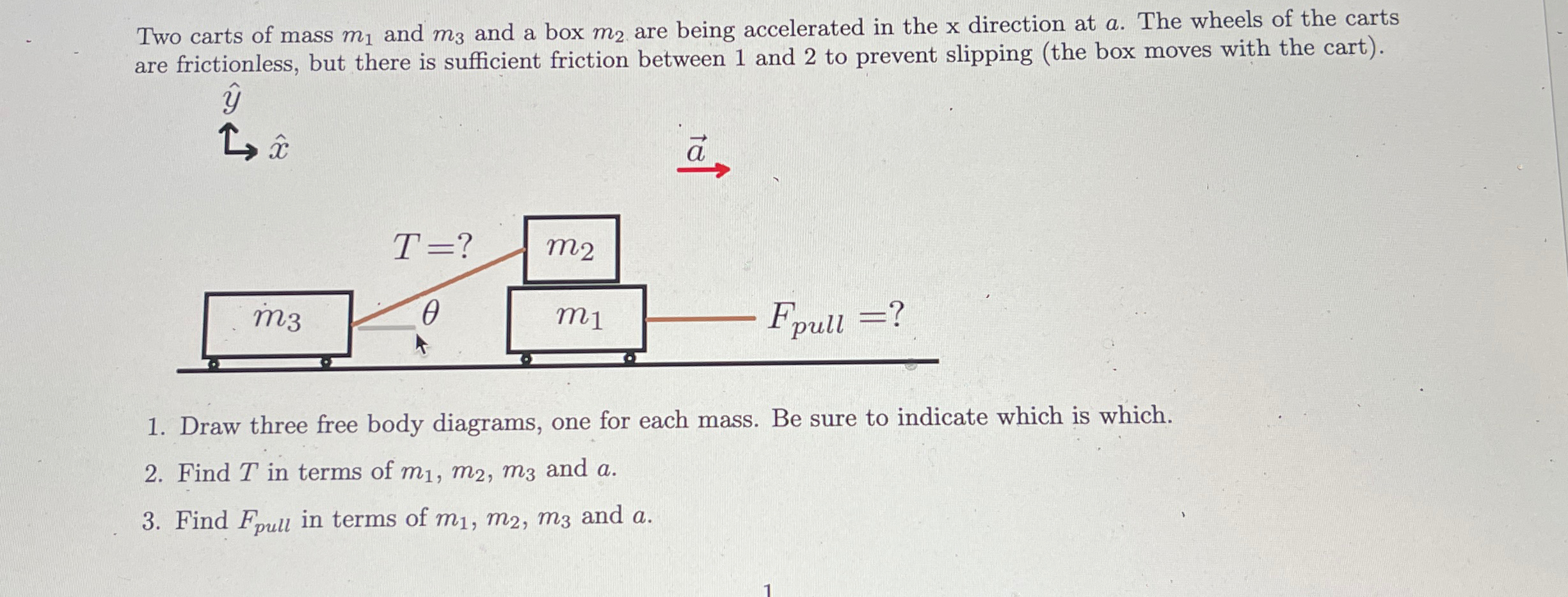 Solved Two carts of mass m1 ﻿and m3 ﻿and a box m2 ﻿are being | Chegg.com