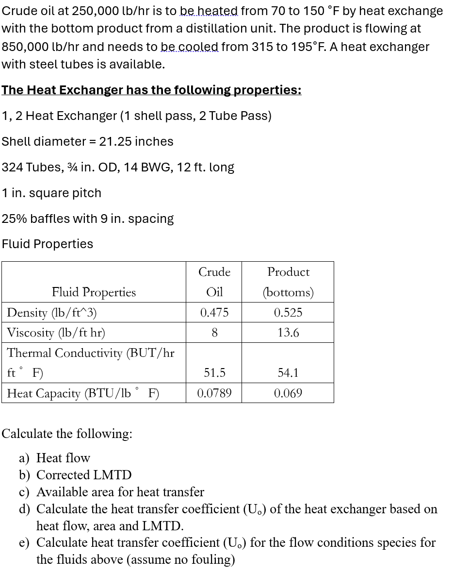 Solved Crude oil at 250,000lbhr ﻿is to be heated from 70 ﻿to | Chegg.com