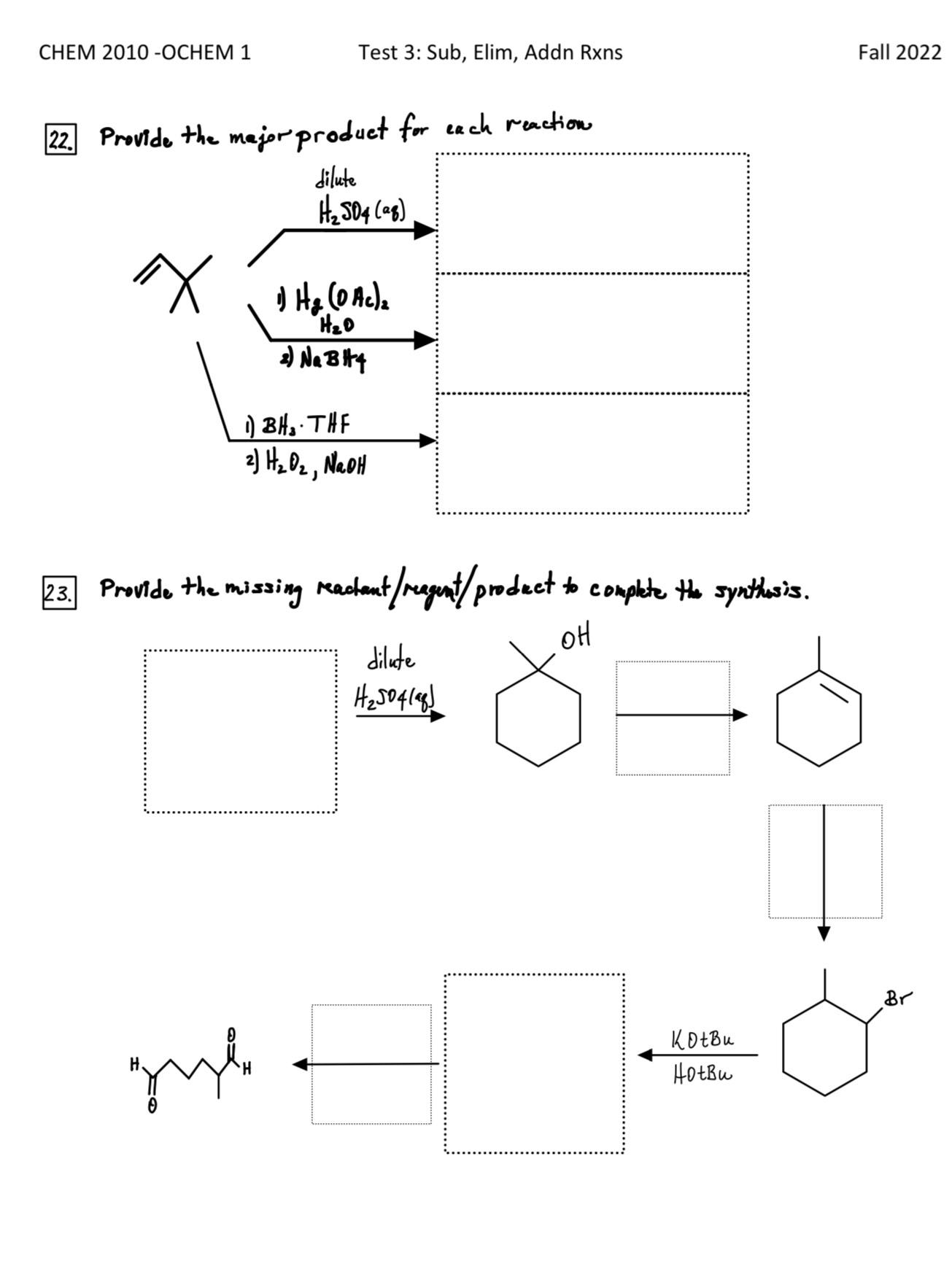 Solved CHEM 2010 -OCHEM 1Test 3: Sub, Elim, Addn RxnsFall | Chegg.com