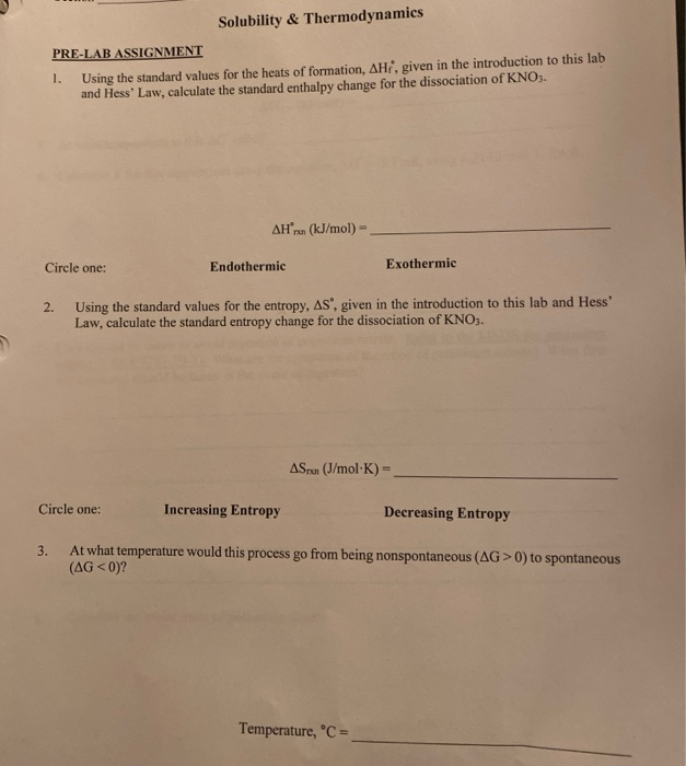 Solved Solubility & Thermodynamics PRE-LAB ASSIGNMENT 1. | Chegg.com