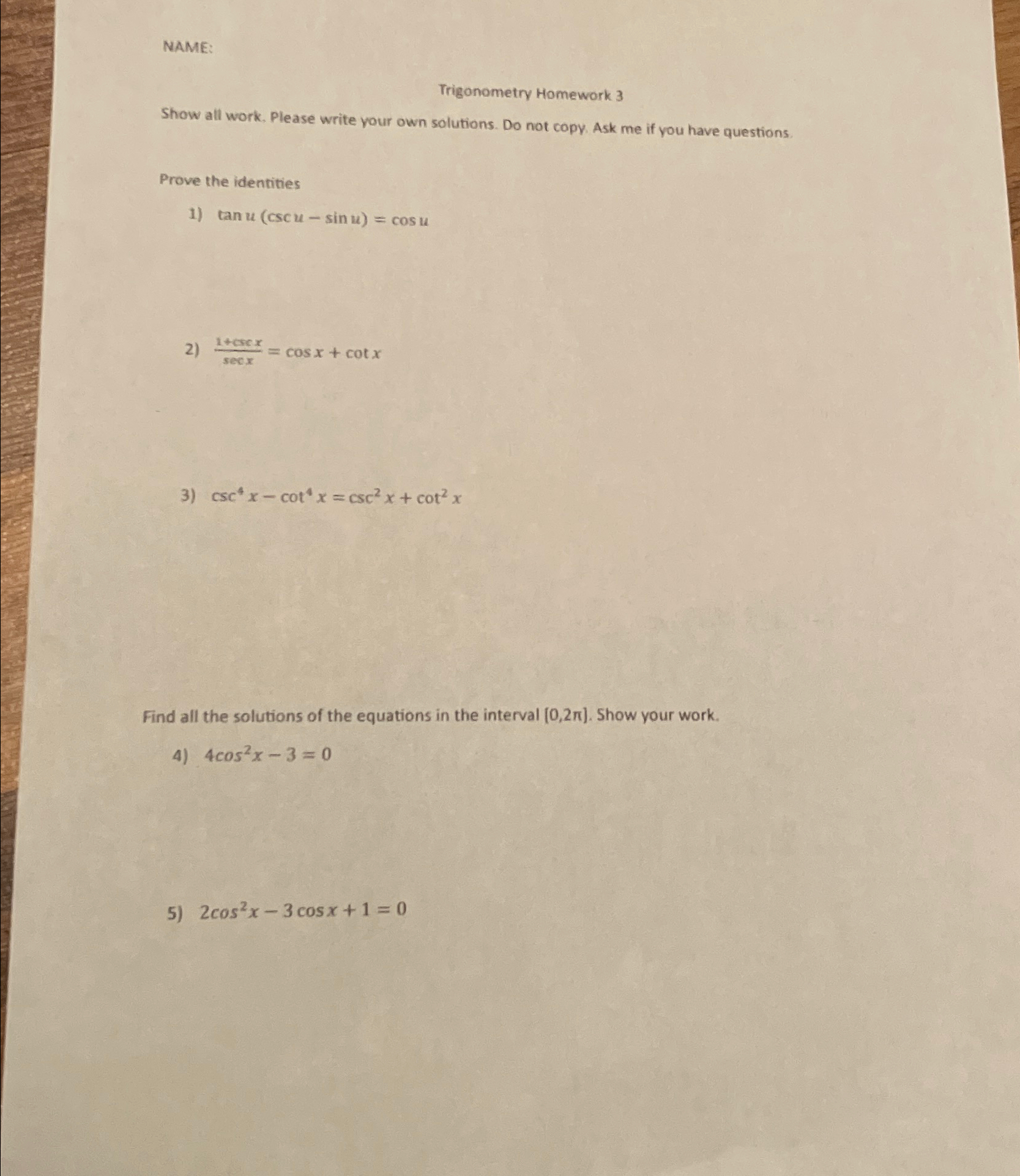 Solved NAME:Trigonometry Homework 3Show all work, Please | Chegg.com