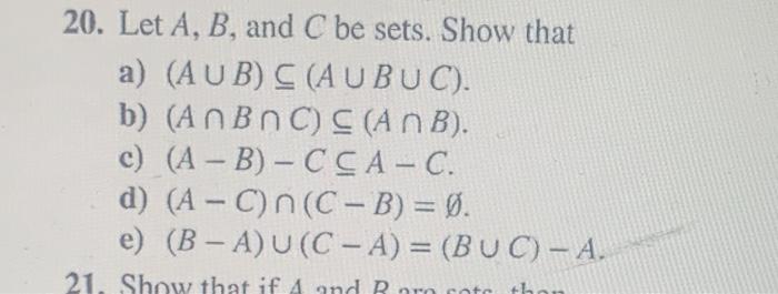 Solved 20. Let A,B, and C be sets. Show that a) | Chegg.com