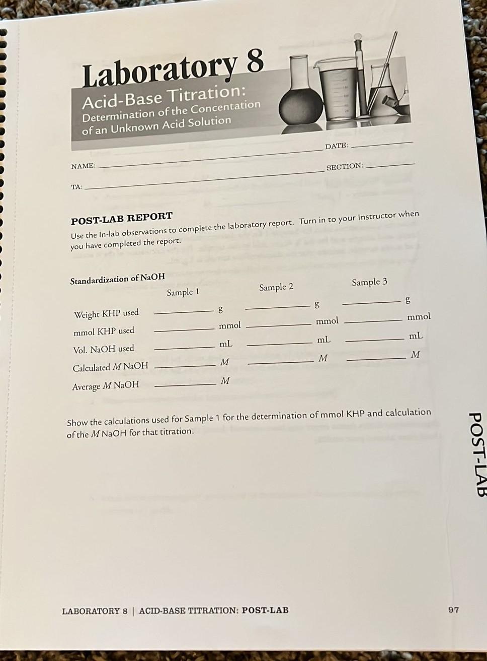 Laboratory 8 Acid-Base Titration: Determination of | Chegg.com