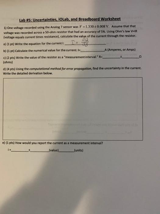 Solved Lab #5: Uncertainties, iOLab, and Breadboard | Chegg.com