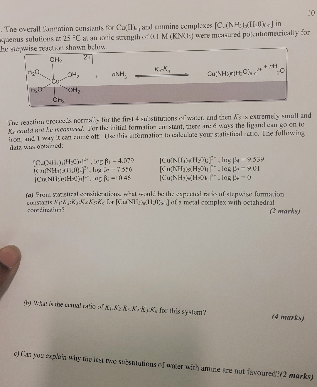 Solved 10The overall formation constants for Cu(II)aq ﻿and | Chegg.com