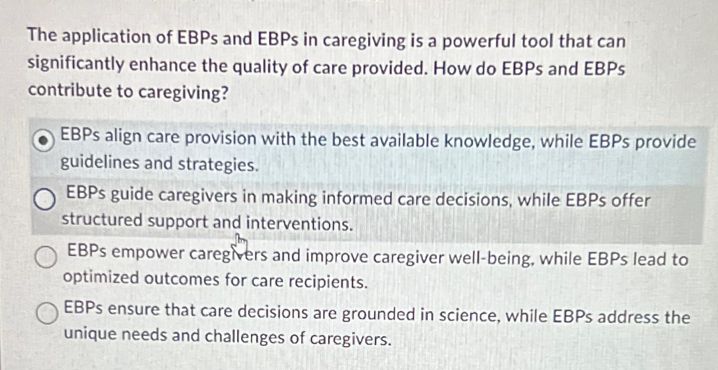 Solved The application of EBPs and EBPs in caregiving is a | Chegg.com