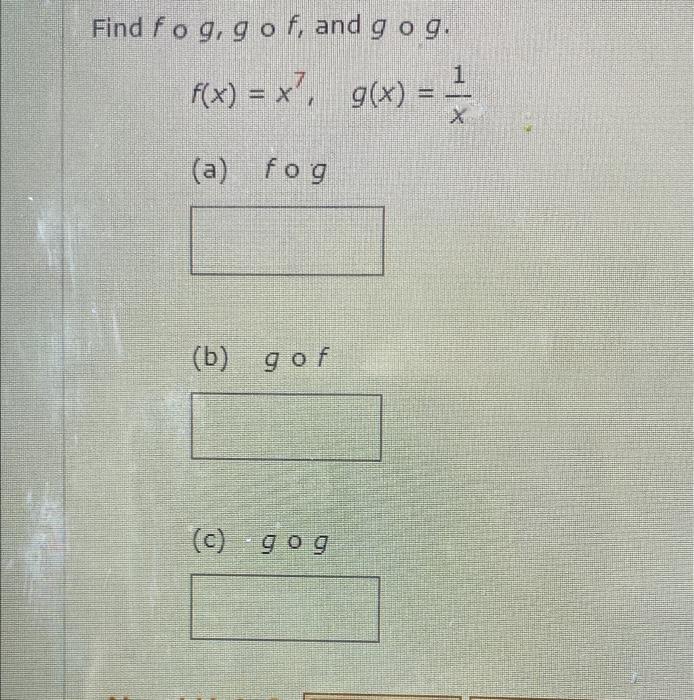 Solved Find fog,gof, and g og. 1 f(x) = x?, g(x) = (a) fog | Chegg.com