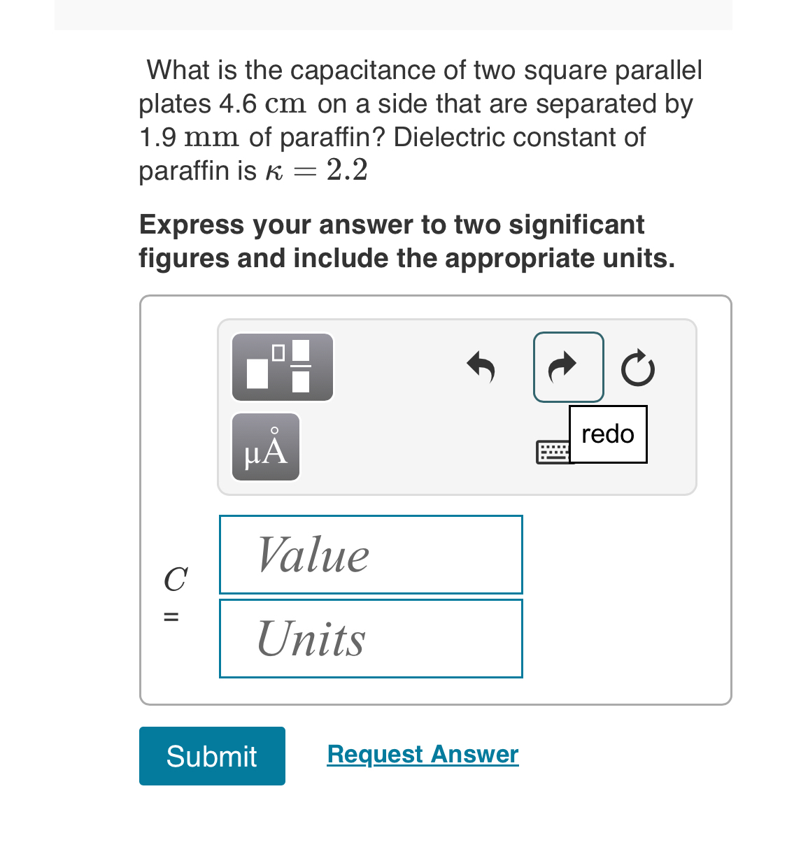 Solved What is the capacitance of two square parallel plates | Chegg.com