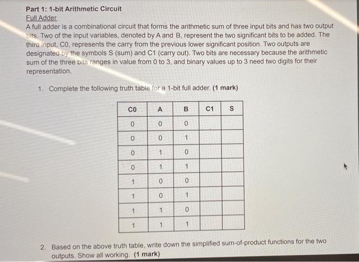Solved Part 1: 1-bit Arithmetic Circuit Full Adder A full | Chegg.com
