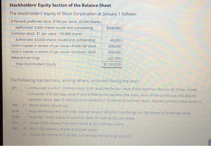 Solved Stockholders' Equity Section of the Balance Sheet The | Chegg.com