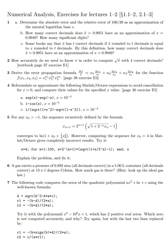 Numerical Analysis, Exercises for lectures 1-2 | Chegg.com