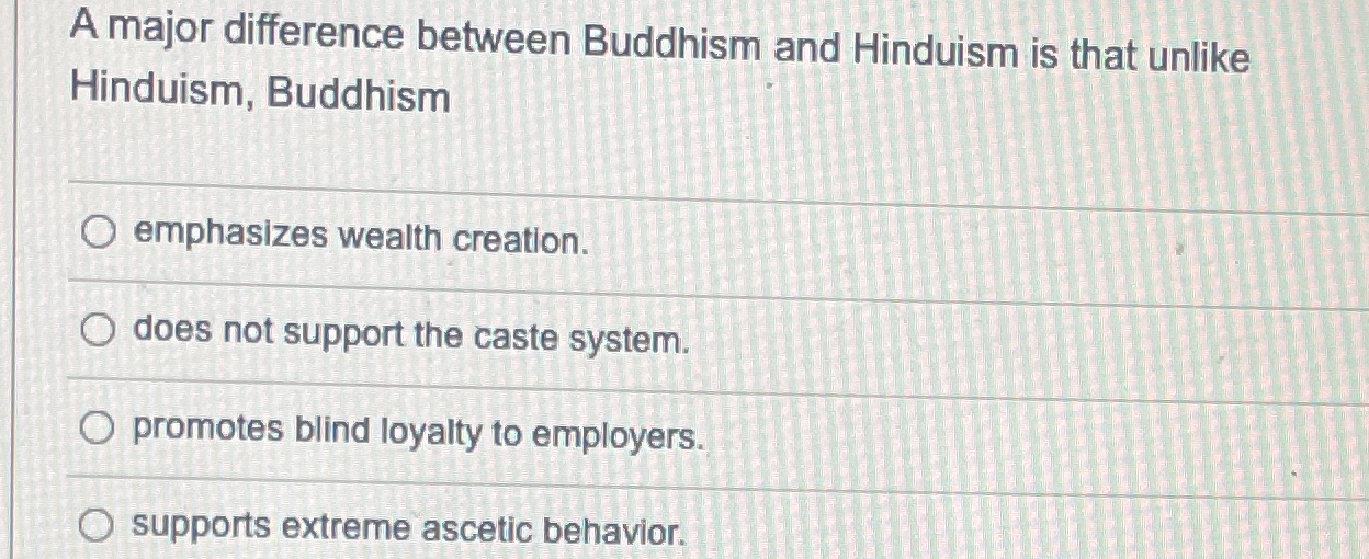 Solved A major difference between Buddhism and Hinduism is | Chegg.com