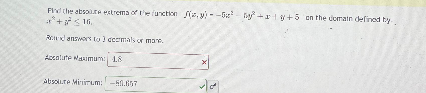 Solved Find the absolute extrema of the function | Chegg.com