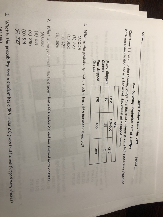 Solved Name: Death Packet Describing Data Period: Due | Chegg.com