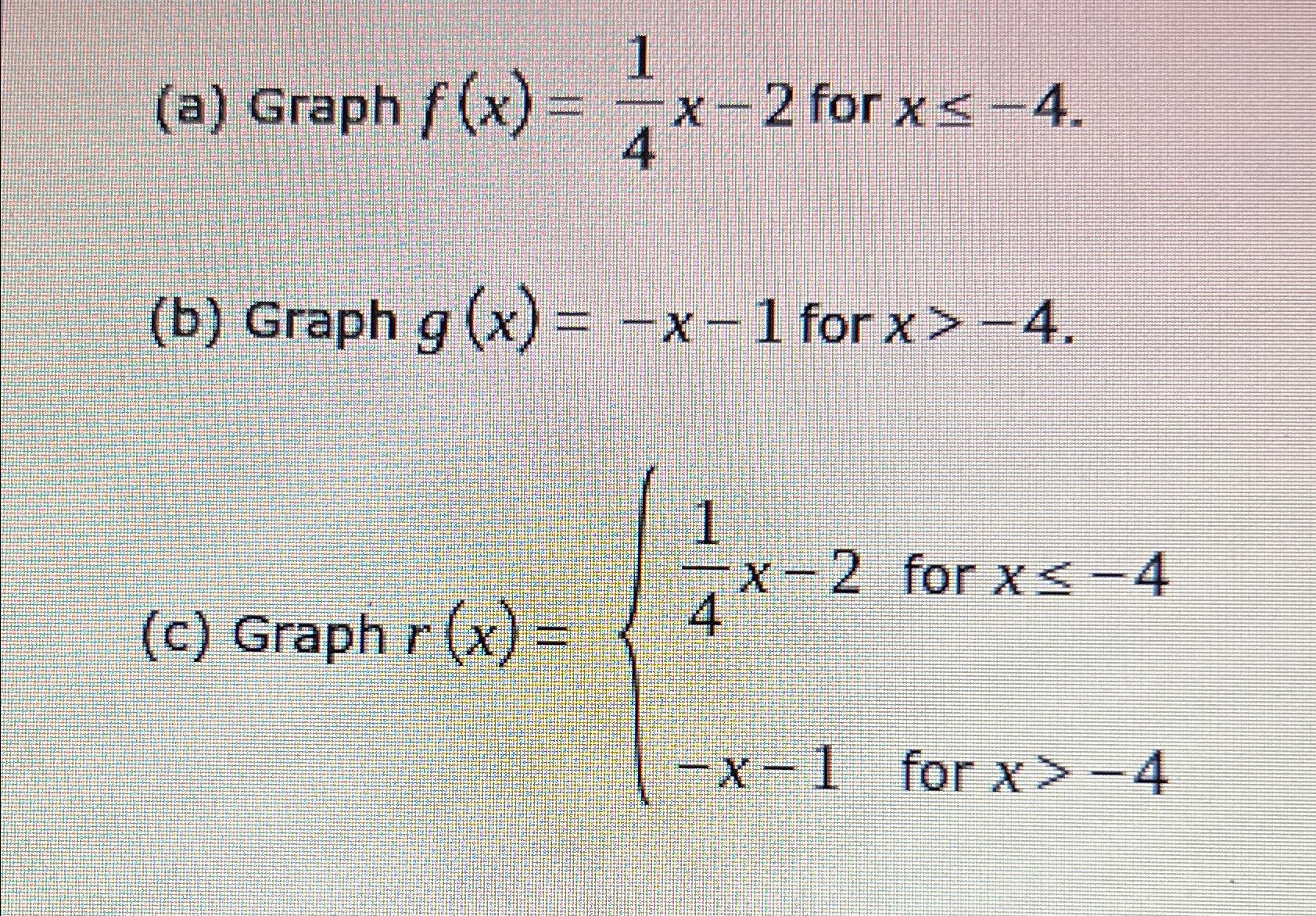 Solved (a) ﻿Graph f(x)=14x-2 ﻿for x≤-4(b) ﻿Graph g(x)=-x-1 | Chegg.com