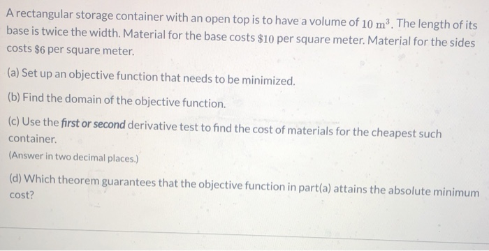 Solved A rectangular storage container with an open top is | Chegg.com