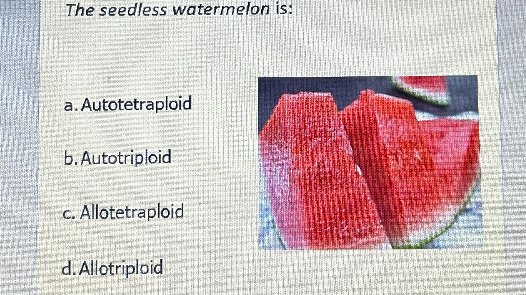Solved The seedless watermelon is:a. ﻿Autotetraploidb. | Chegg.com