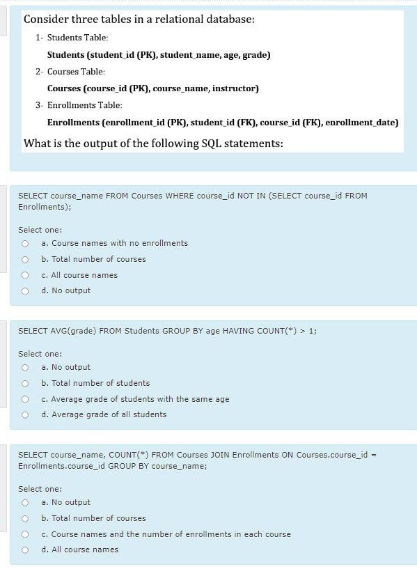 Solved Consider three tables in a relational database:1- | Chegg.com
