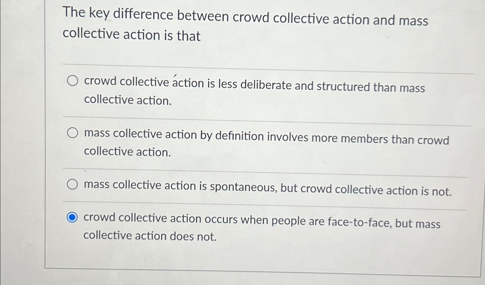 Solved The key difference between crowd collective action | Chegg.com
