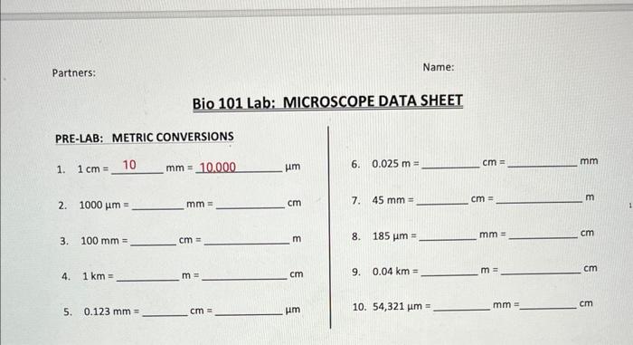 Solved Bio 101 Lab: MICROSCOPE DATA SHEET PRE-LAB: METRIC | Chegg.com