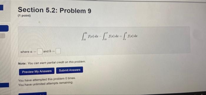 Solved Section 5.2: Problem 9 (1 point) so (2) de 1 (e) de = | Chegg.com