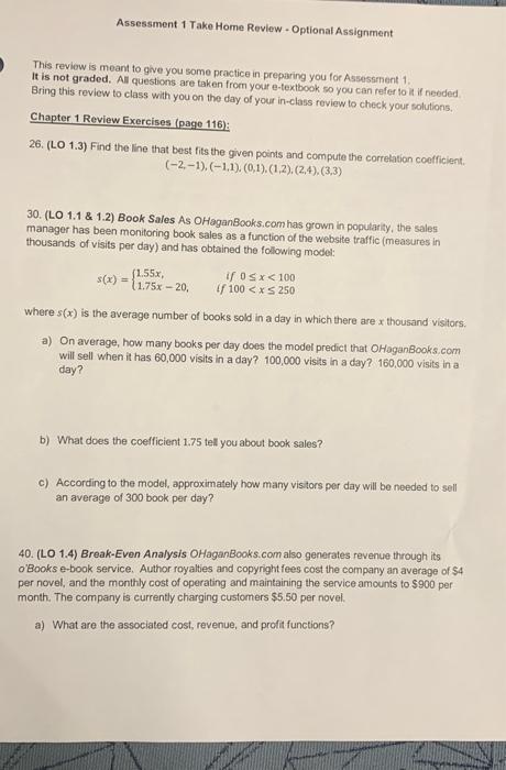 Solved Assessment 1 Take Home Review - Optional Assignment 1 | Chegg.com