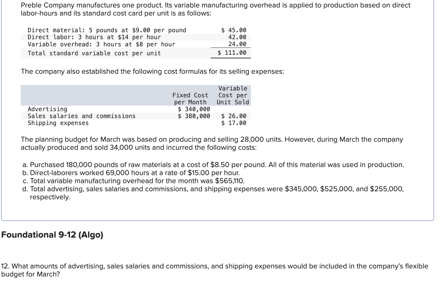 Solved Foundational 9-9 (Algo)What variable manufacturing | Chegg.com