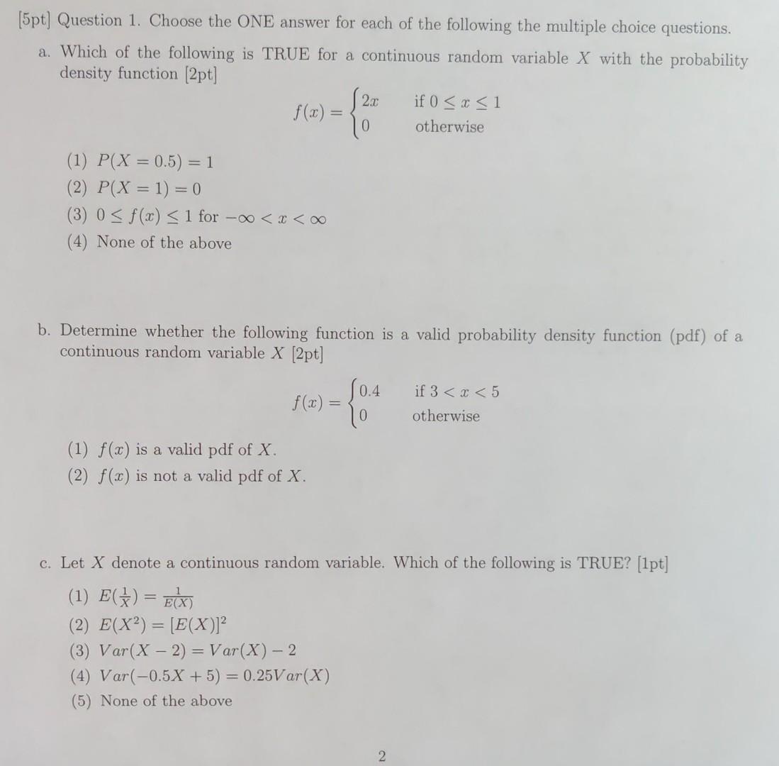 Solved [5pt Question 1. Choose the ONE answer for each of | Chegg.com