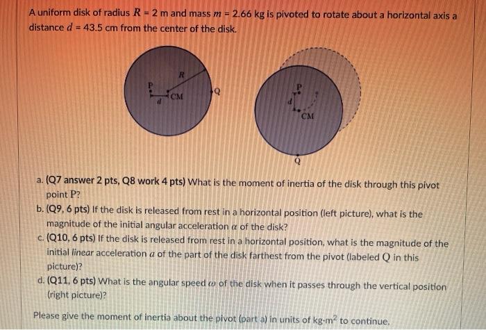 Solved A uniform disk of radius R = 2 m and mass m = 2.66 kg | Chegg.com
