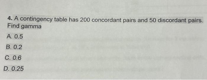 Solved 4. A contingency table has 200 concordant pairs and | Chegg.com