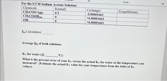 Solved Kb Calculation: Average Kh of both solutions: Kw for | Chegg.com