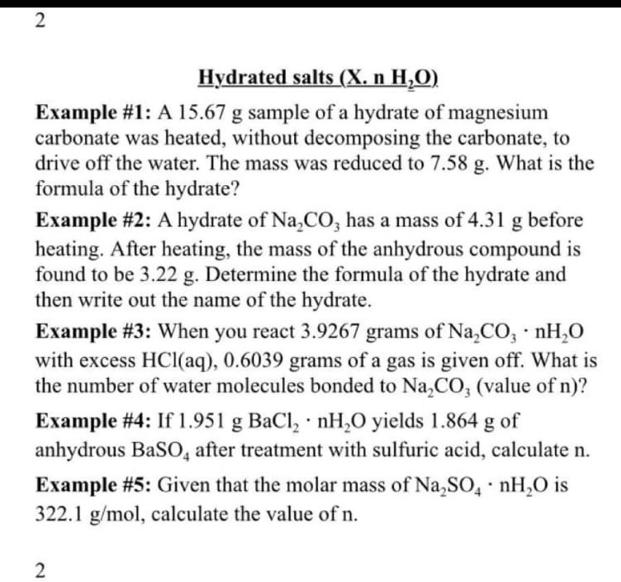 Solved 2 Hydrated salts (X. n H,0) Example #1: A 15.67 g | Chegg.com