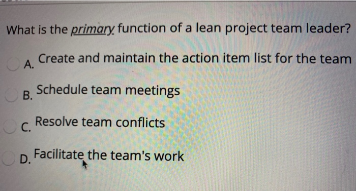 Solved What is the primary function of a lean project team | Chegg.com