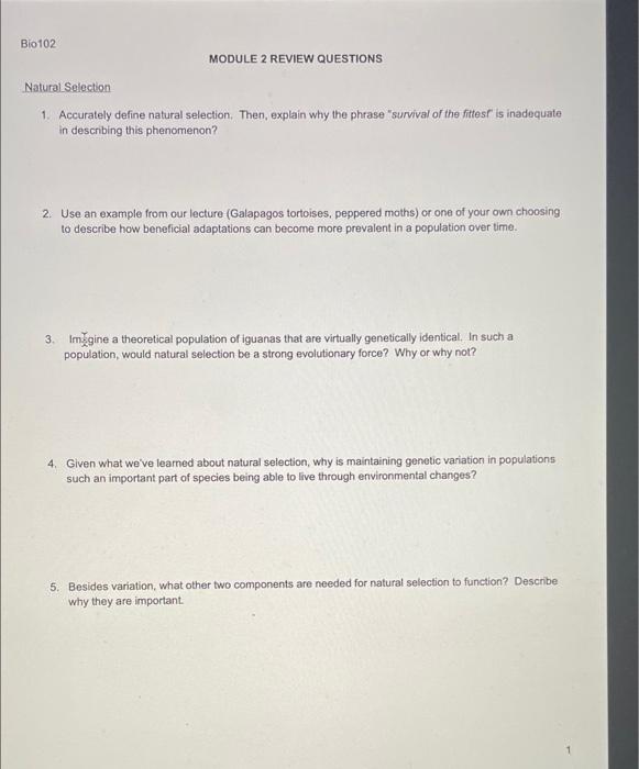 Solved Bio 102 MODULE 2 REVIEW QUESTIONS Natural Selection | Chegg.com