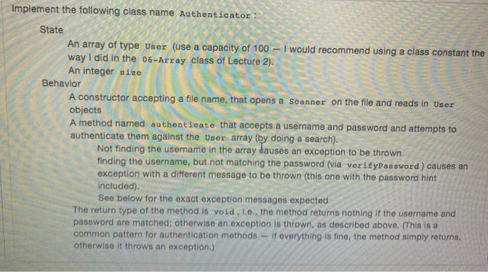 Solved Implement the following class name Authenticator: | Chegg.com