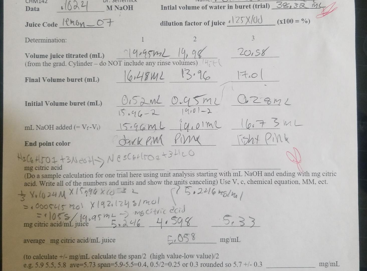 Solved (Do a sample calculation for one trial here using | Chegg.com