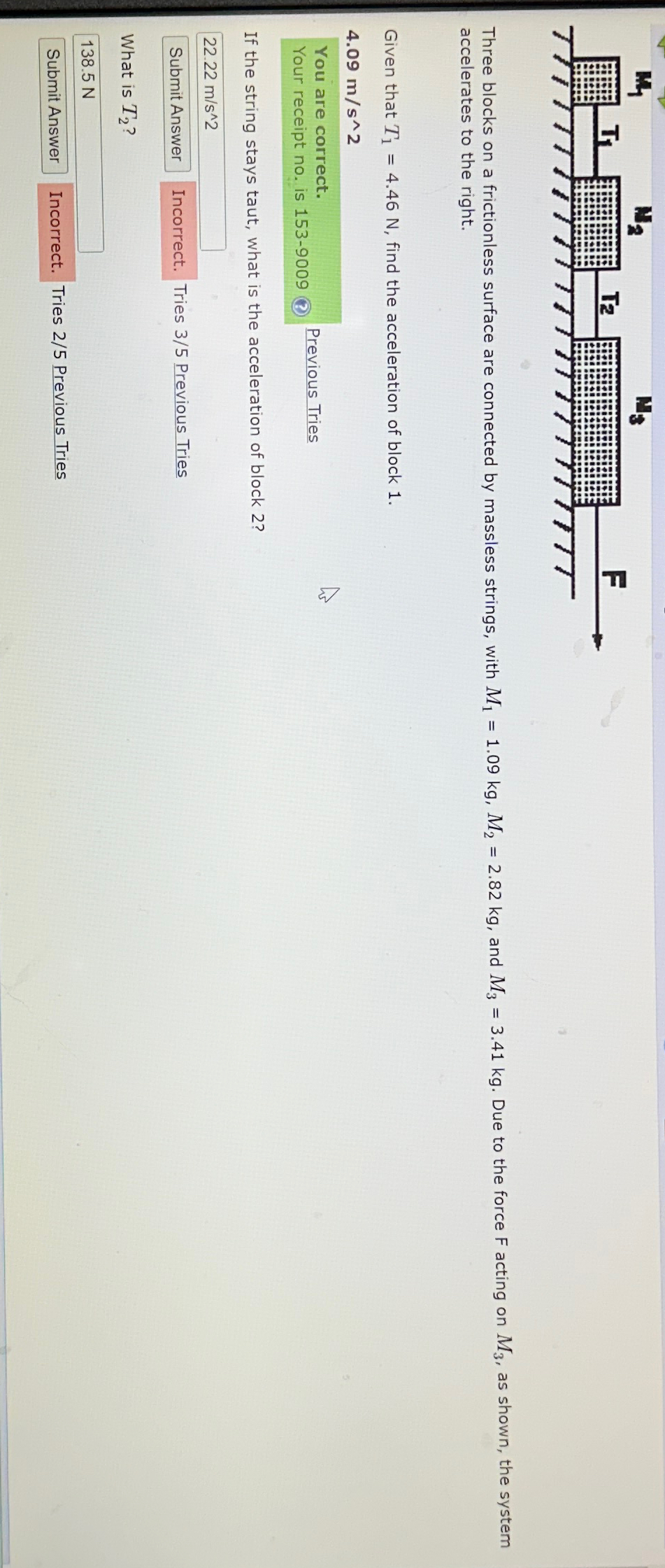 Solved Three blocks on a frictionless surface are connected | Chegg.com