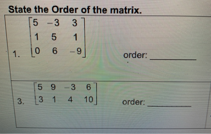 Solved State the Order of the matrix. 15 -3 3 11 5 1 1. LO 6 | Chegg.com