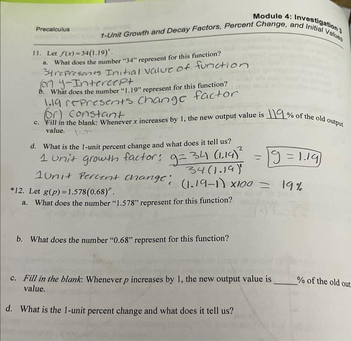 Solved 11. Let f(x)=34(1.19)x. a. What does the number "34" | Chegg.com