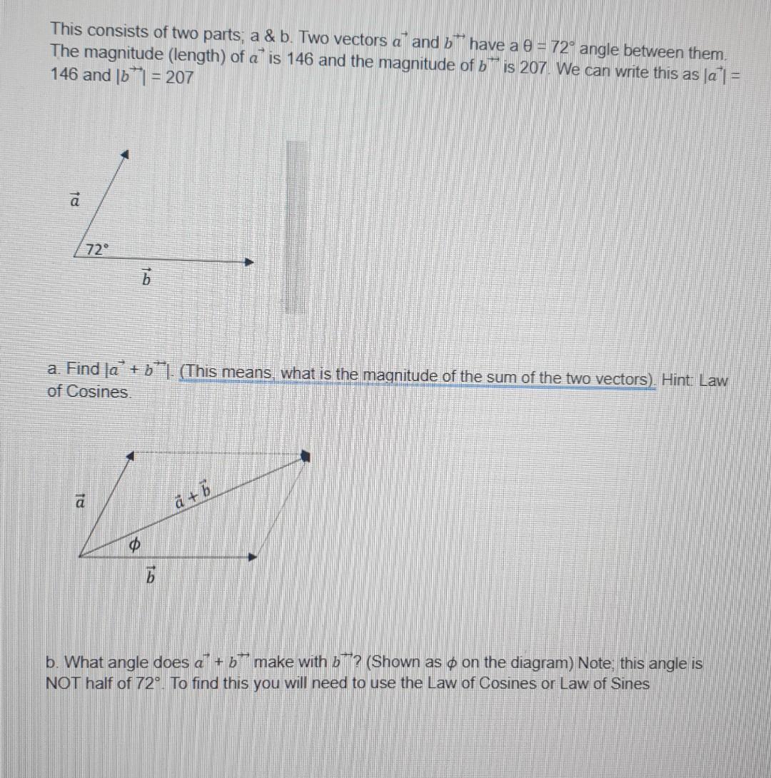 Solved This consists of two parts; a \& b. Two vectors a and | Chegg.com