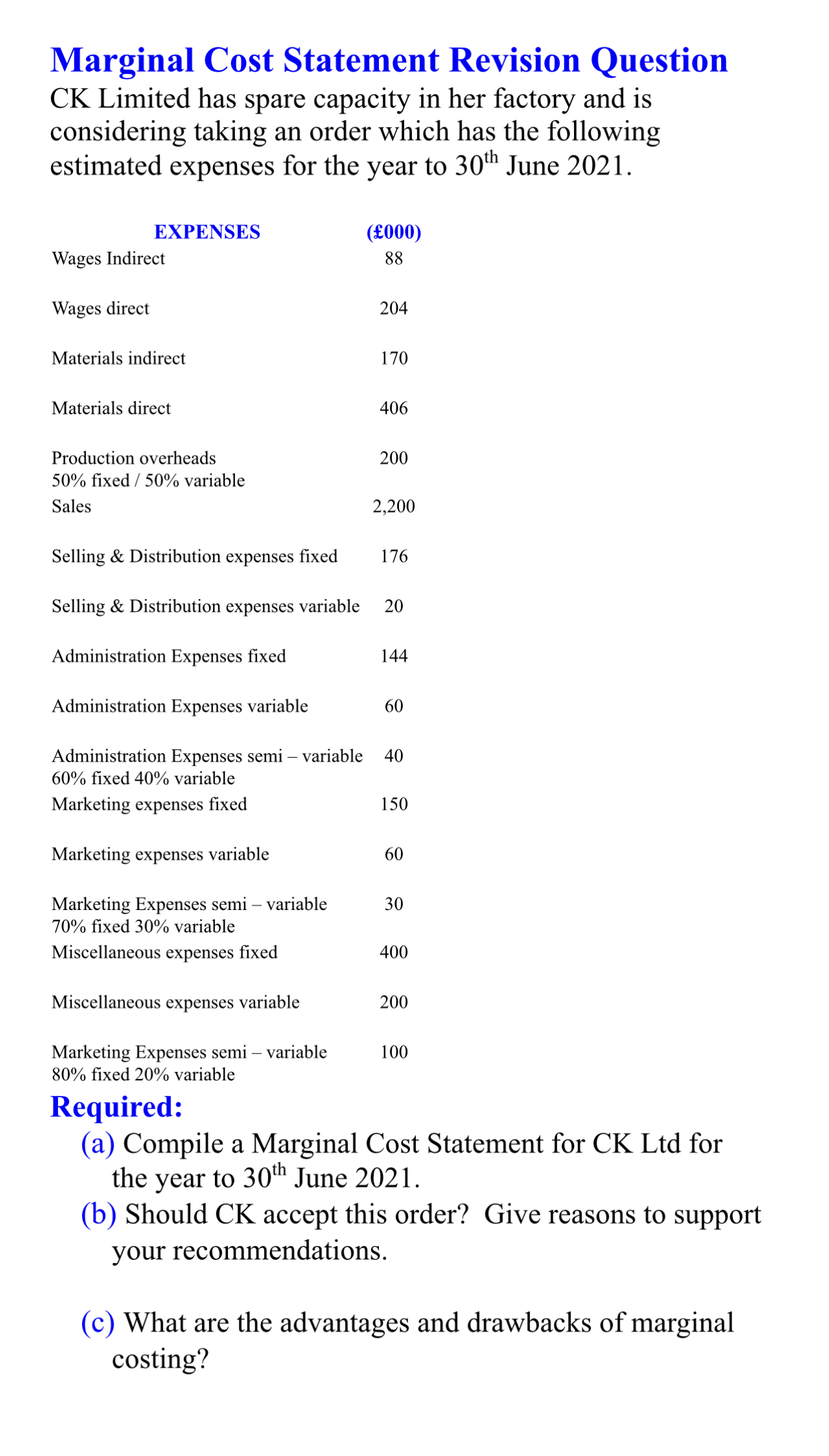 Solved Marginal Cost Statement Revision QuestionCK Limited | Chegg.com