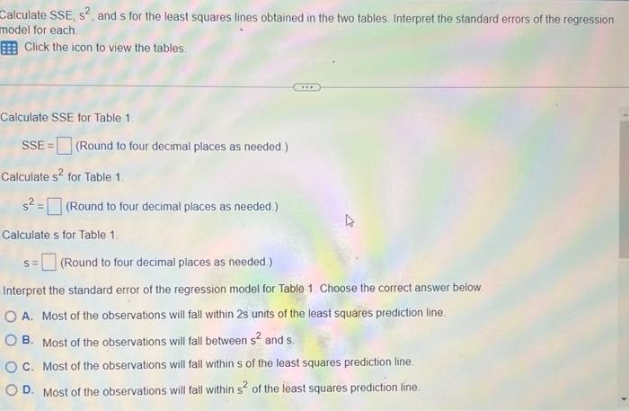 Solved Calculate SSE,s2, and s for the least squares lines | Chegg.com