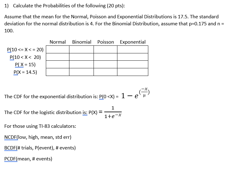 Solved Calculate the Probabilities of the following (20 | Chegg.com