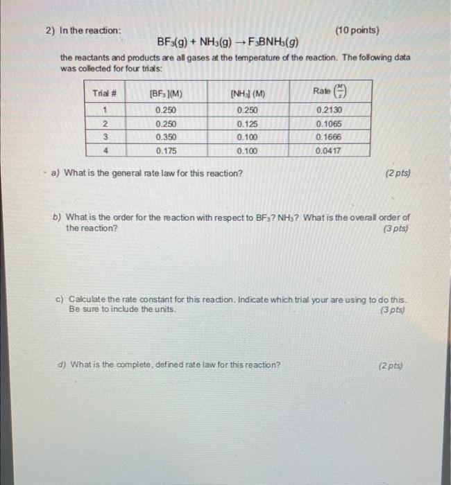 Solved 2) In the reaction: (10 points) BF3( g)+NH3( | Chegg.com