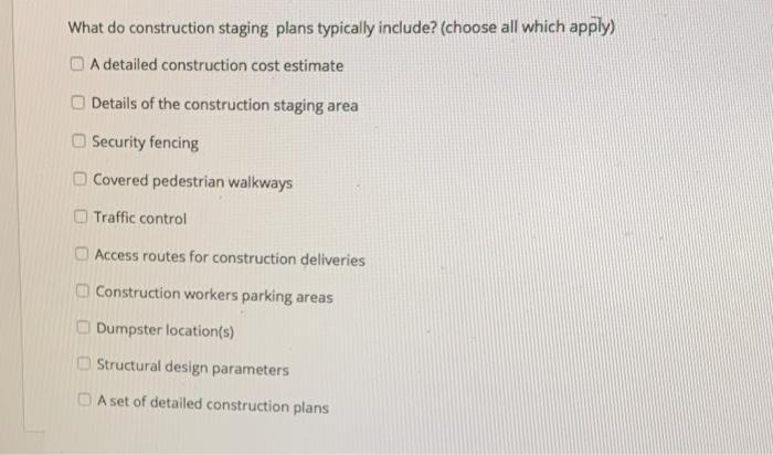 Solved What do construction staging plans typically include? | Chegg.com