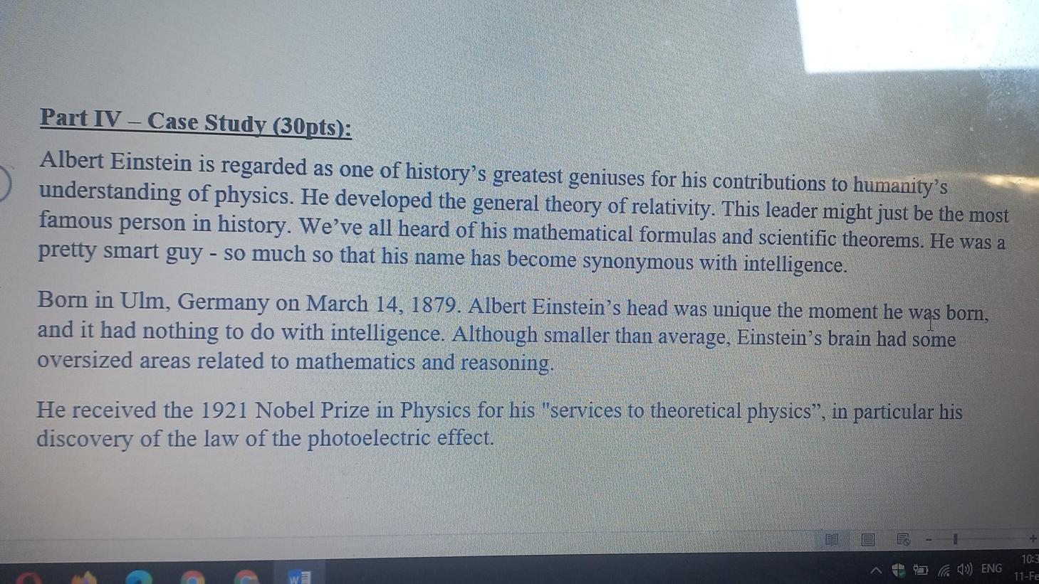 Solved Part IV - Case Study (30pts): Albert Einstein is | Chegg.com