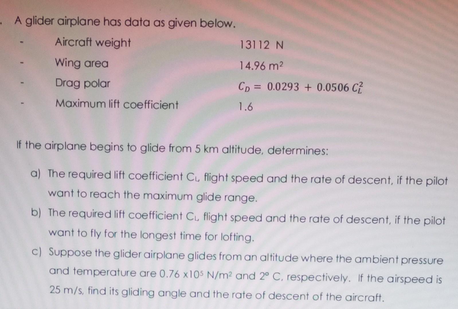 Solved A glider airplane has data as given below. If the | Chegg.com