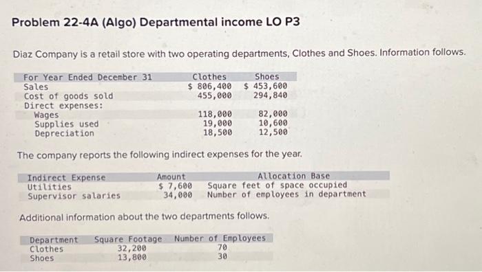 Problem 22-4A (Algo) Departmental income LO P3 Diaz | Chegg.com Problem 22-4A (Algo) Departmental income LO P3 Diaz | Chegg.com